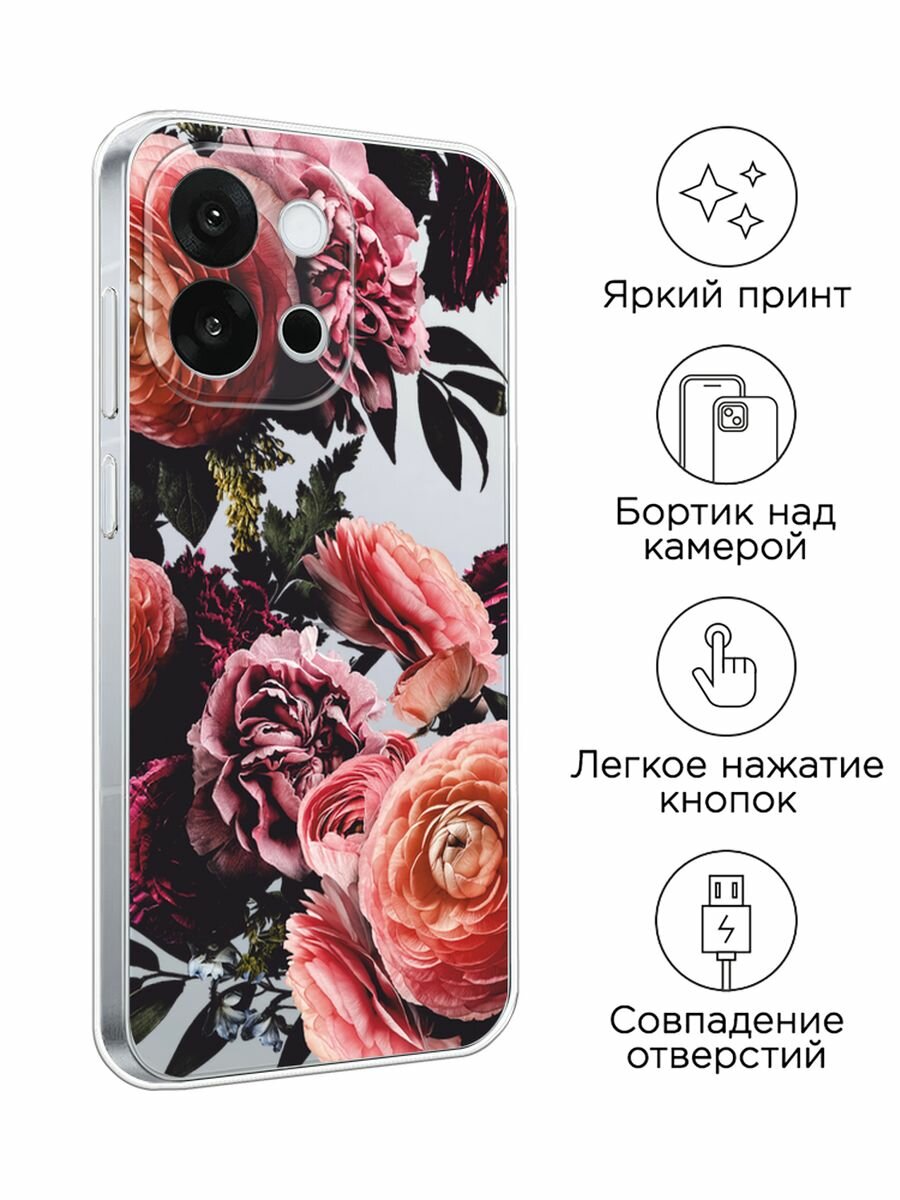 Чехол на OnePlus 13T / Ван Плас 13Т с принтом "Бордовые винтажные цветы", прозрачный — фото 1