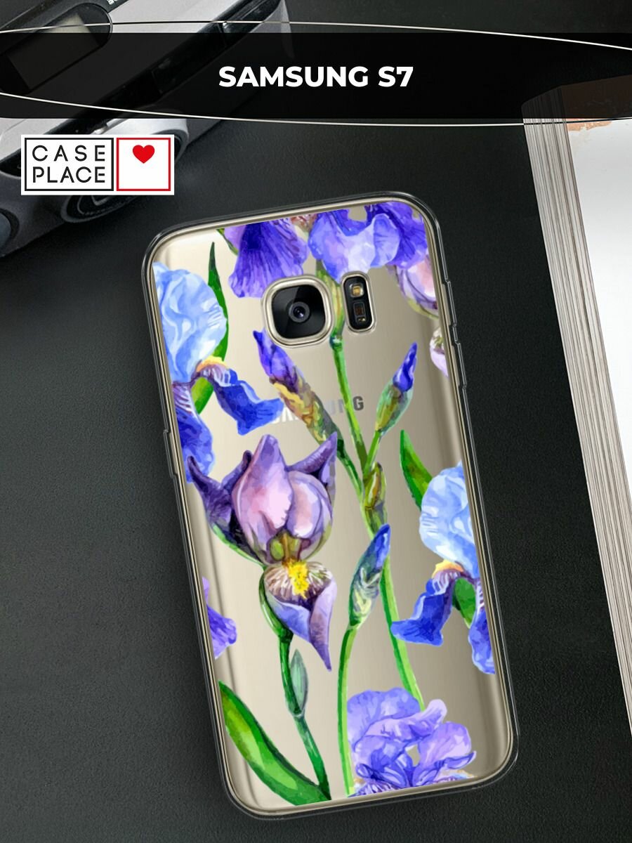 Чехол на Samsung Galaxy S7 / Самсунг Галакси С 7 с принтом "Синие ирисы", прозрачный