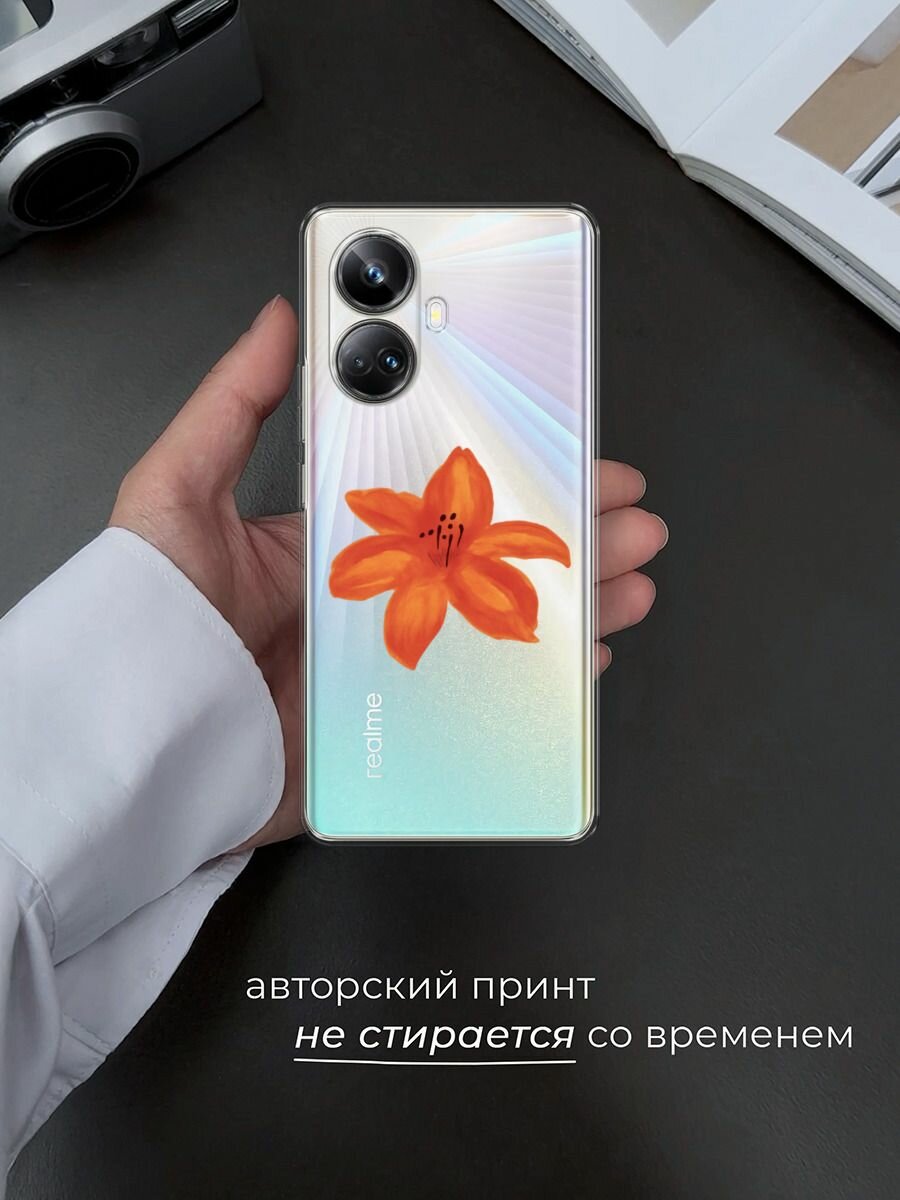 Чехол на Realme 10 Pro+ / Реалми 10 Про+ с принтом "Оранжевый цветок", прозрачный — фото 1