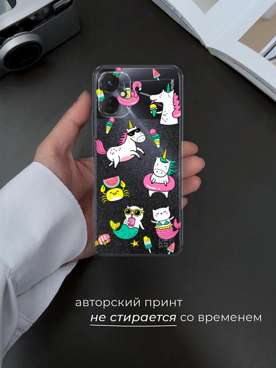 Чехол на Tecno Spark 9 Pro / Техно Спарк 9 Про с принтом "Единороги в отпуске", прозрачный — фото 1