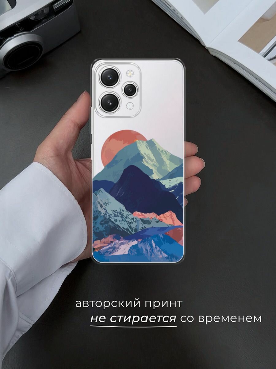 Чехол на Xiaomi Redmi 12 5G / Сяоми Редми 12 5G с принтом "Закат в снежных горах", прозрачный — фото 1