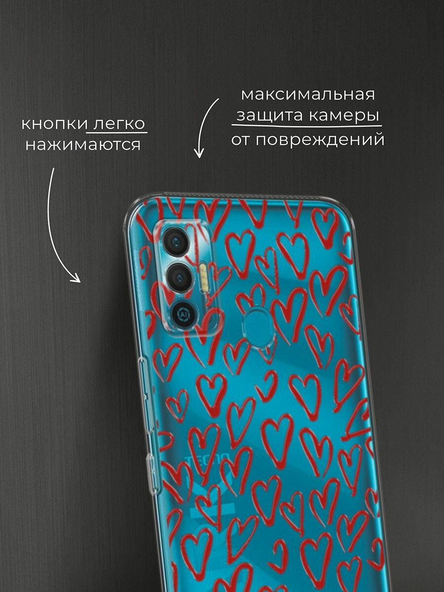 Чехол на Tecno Spark 7 / Техно Спарк 7 с принтом "Легкие бордовые сердечки" — фото 1