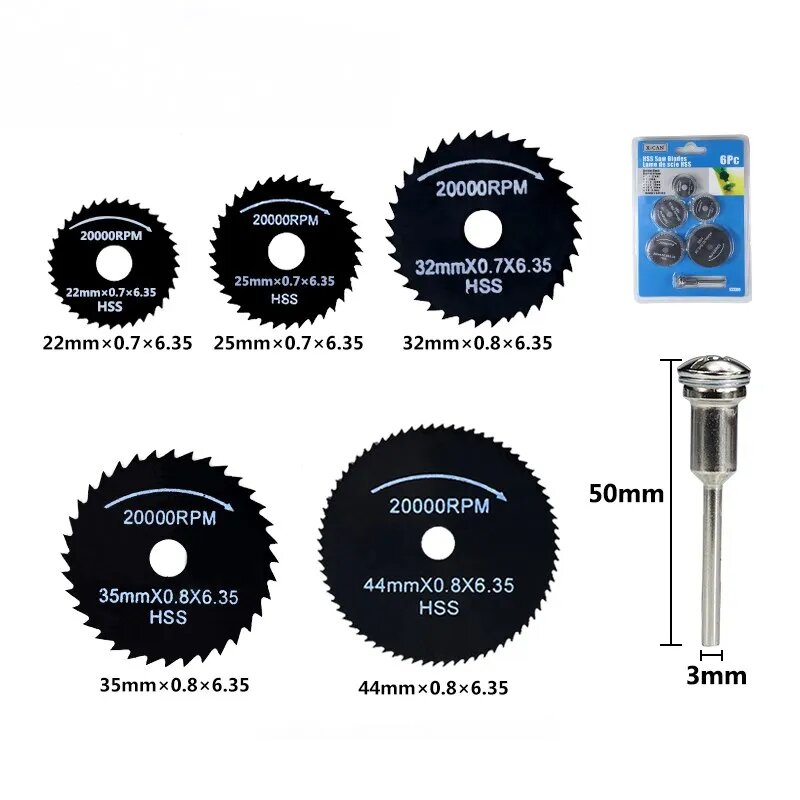 XCAN 6/7/8 шт. мини-набор дисковых пил, режущий диск из быстрорежущей стали, аксессуары для вращающихся инструментов для Dremel, совместимая, дерево, пластик, алюминий 6pcs Set A
