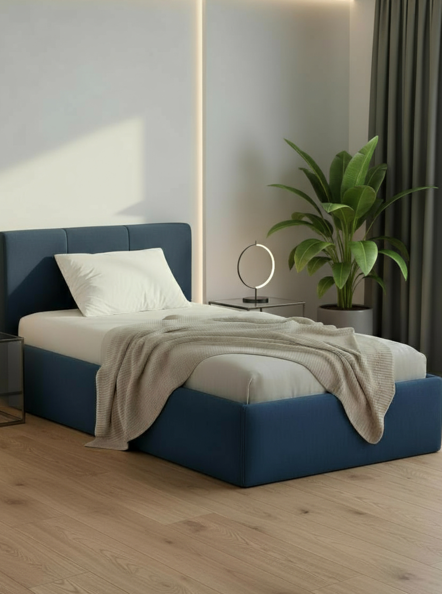 Односпальная кровать софт, 90х190 см, мягкая, синий велюр, ортопедические ламели