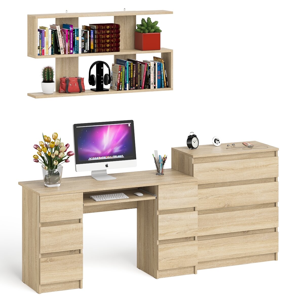 Стол письменный Мори МС-2 с комодом МК800 4 ящика и полкой 1200, дуб сонома, 215,8х50х209,6 см.