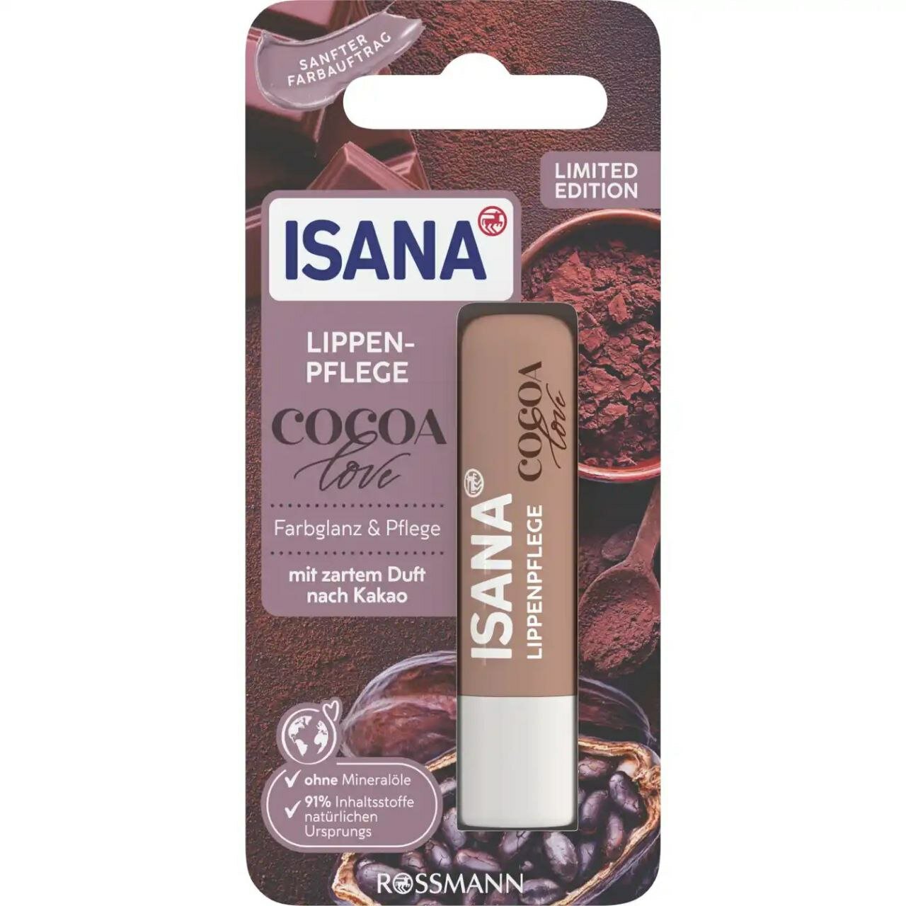 Бальзам для губ ISANA - Cocoa Love, аромат какао, с касторовым маслом, 4.8г, 1шт