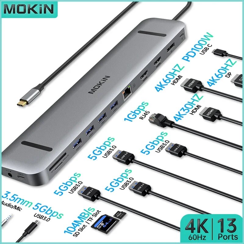 MOKiN 13 в 1 Док-станция USB C Hub USB3.0 Type-C 3.0 HDMI 4K60Hz PD 100 Вт Аудио для MacBook Air/Pro iPad Thunderbolt Ноутбук