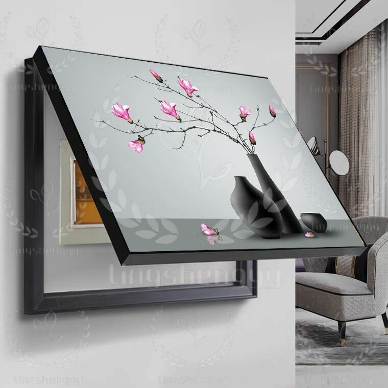 Крышка электрощита 40х30 см: вертикальная установка, скрытый декор с черной рамкой