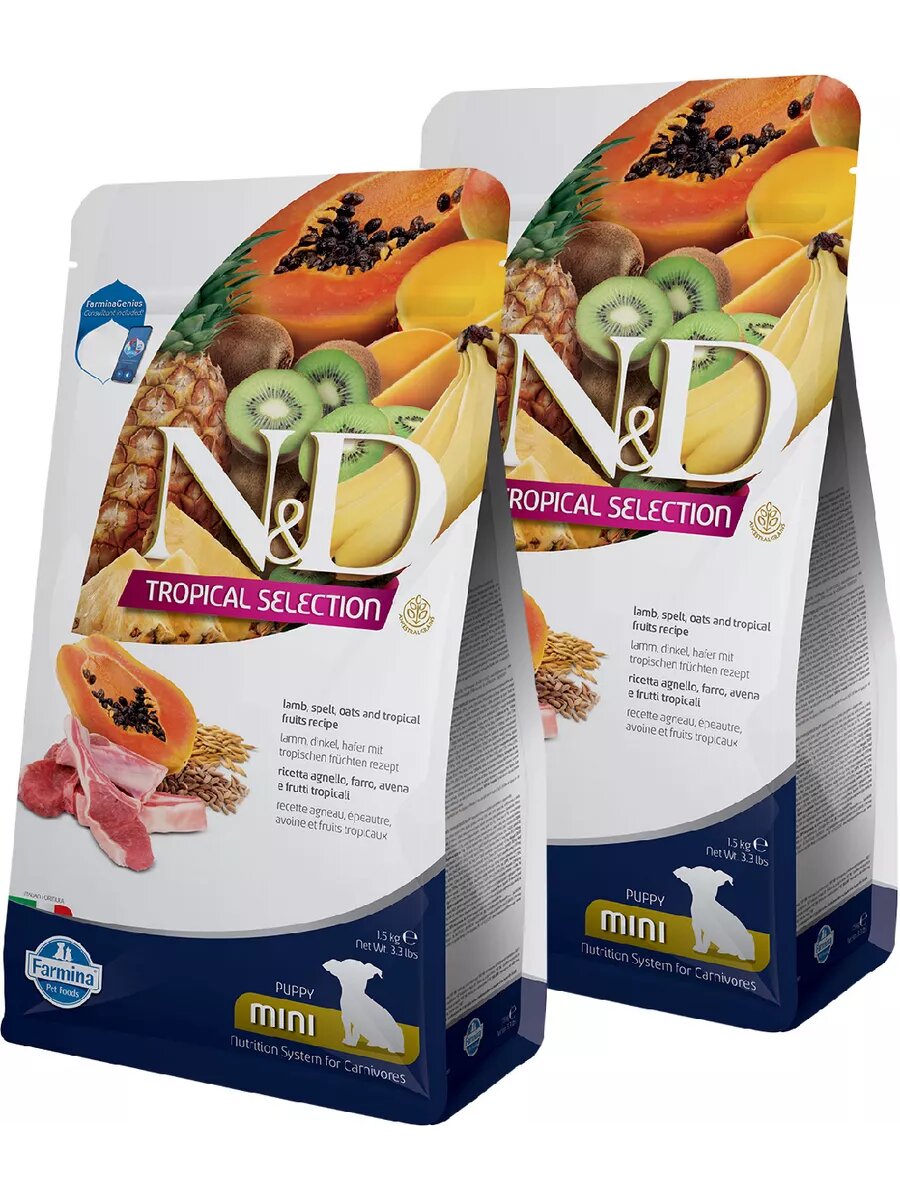 Корм сухой Farmina Dog N&D Tropical Selection Puppy Mini Lamb для щенков маленьких пород с ягненком, 1,5 кг х 2 шт