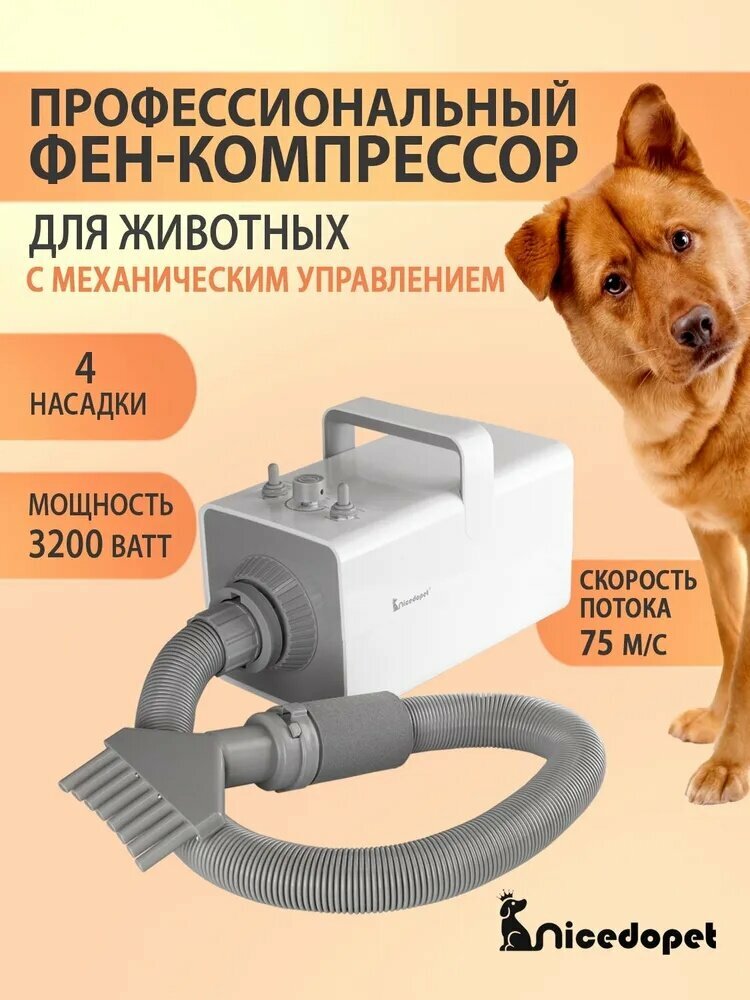Xiaomi YouPin Nicedopet Фен компрессор турбо сушка для животных: кошек, собак и других питомцев с механическим управлением, мощность 3200 Вт с 4 насадками.