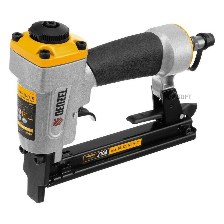 Степлер пневматический PS8016 для прямоугольных скоб 21GA от 6 до 16 мм от официального дистрибьютора, DENZEL, артикул 57400