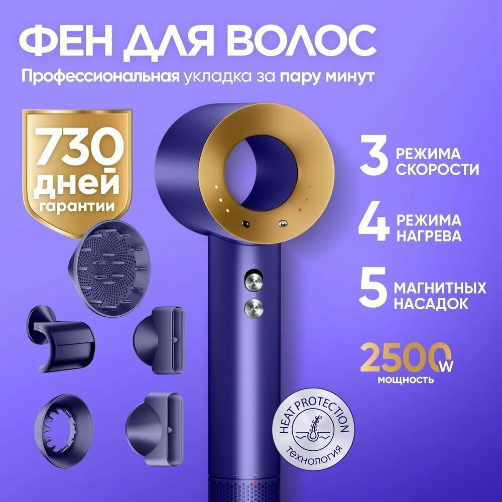 Welleya Фен для волос 101/N 2500 Вт, скоростей 3, кол-во насадок 5, серый