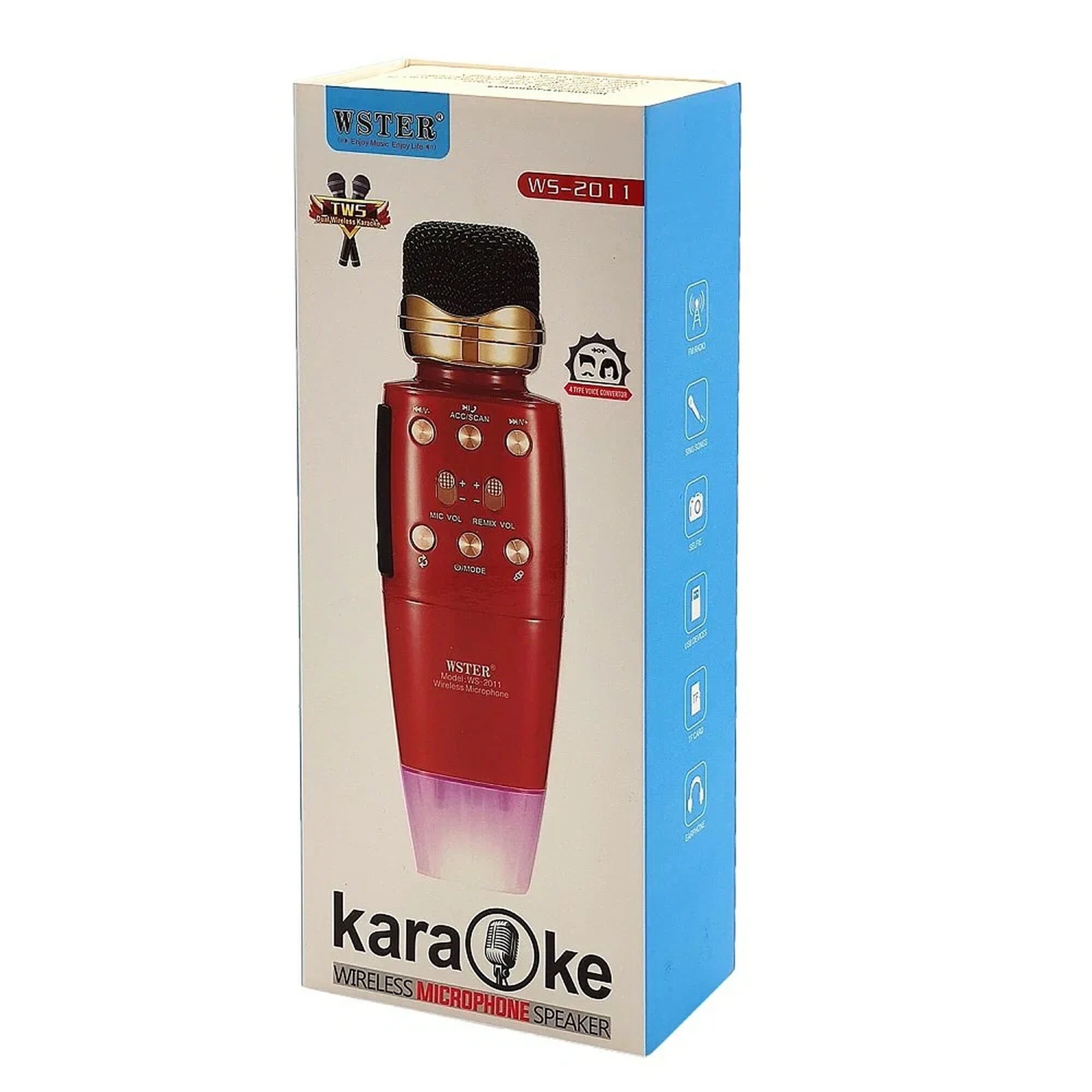 Микрофон-караоке WSTER WS-2011, красный, беспроводной, с реверберацией