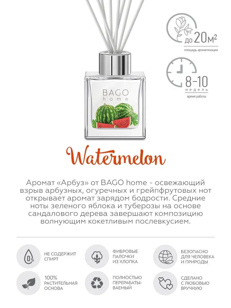 Ароматический диффузор для дома с палочками BAGO home "Арбуз" 100 мл. — фото 1