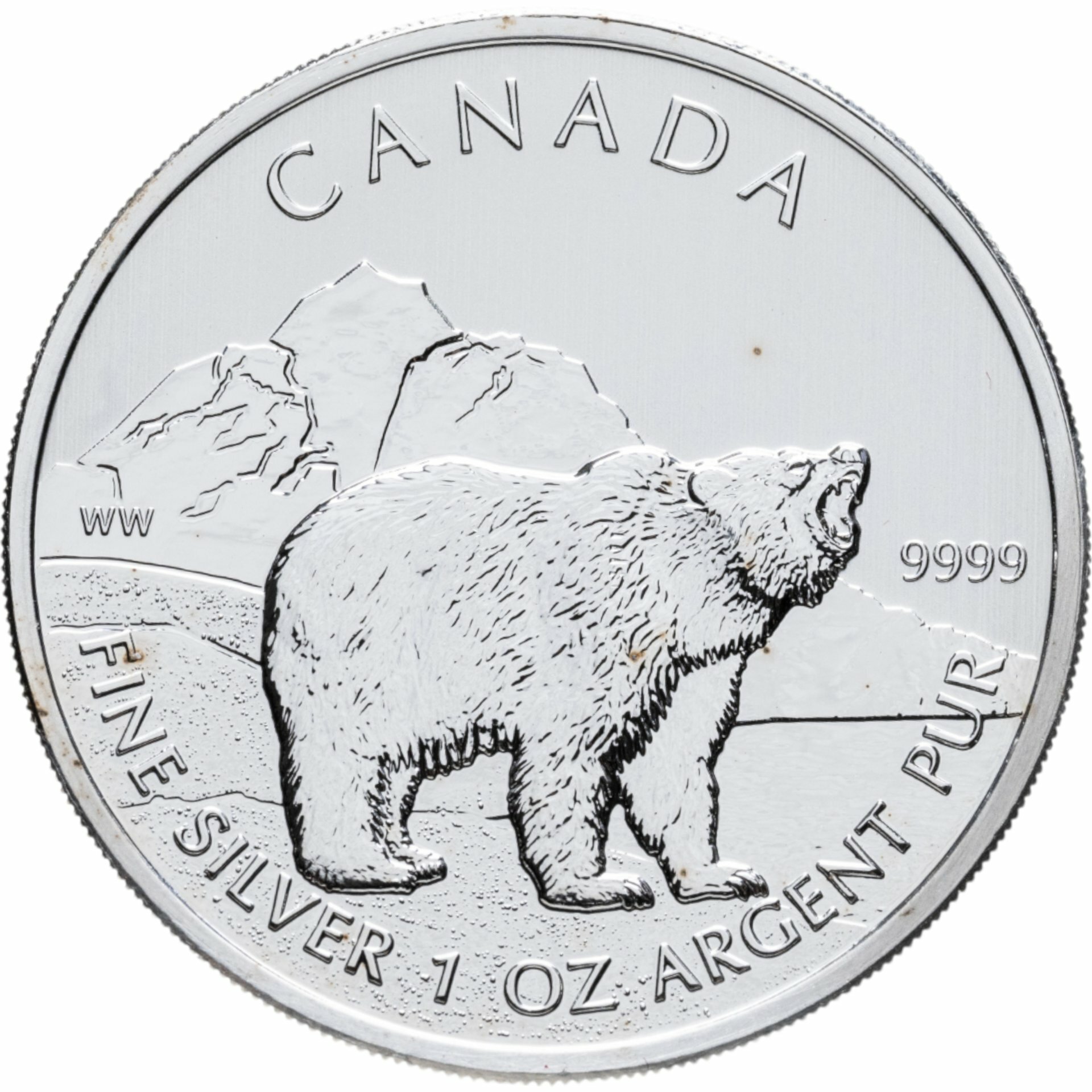 Канада 5 долларов dollars 2011 "Дикая фауна Канады: Медведь гризли", Серебро, в сохранности BUNC