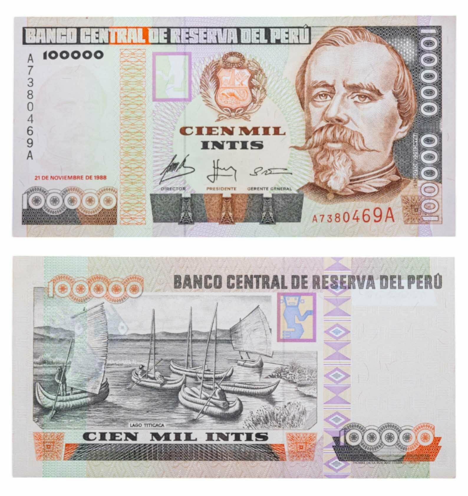 Перу 100000 инти 1988 года Pick 144
