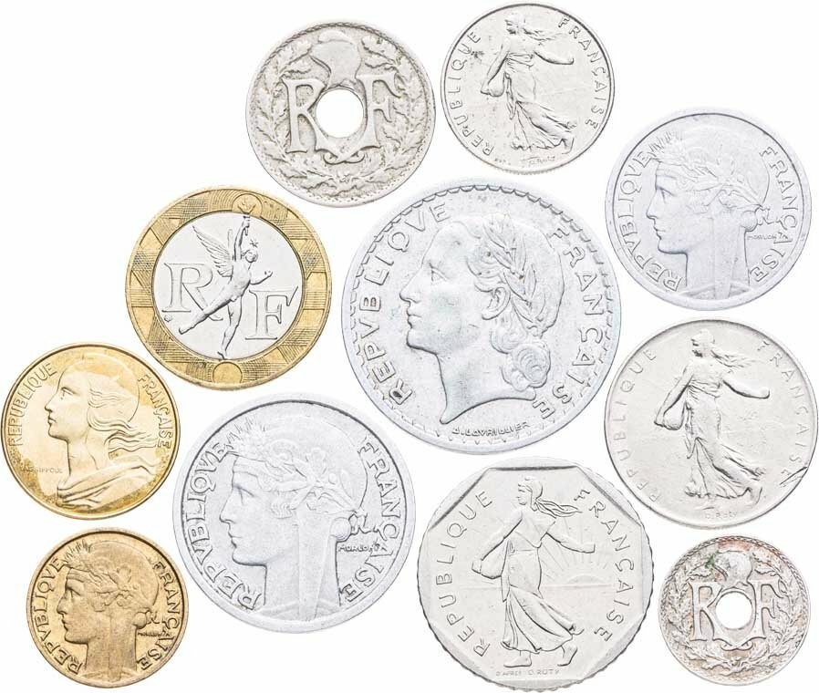 Франция набор из 11 монет 5, 10, 50 сантимов, 1/2, 1, 2, 5, 10 франков 1919-1990, Различные сплавы, в сохранности VF-AU