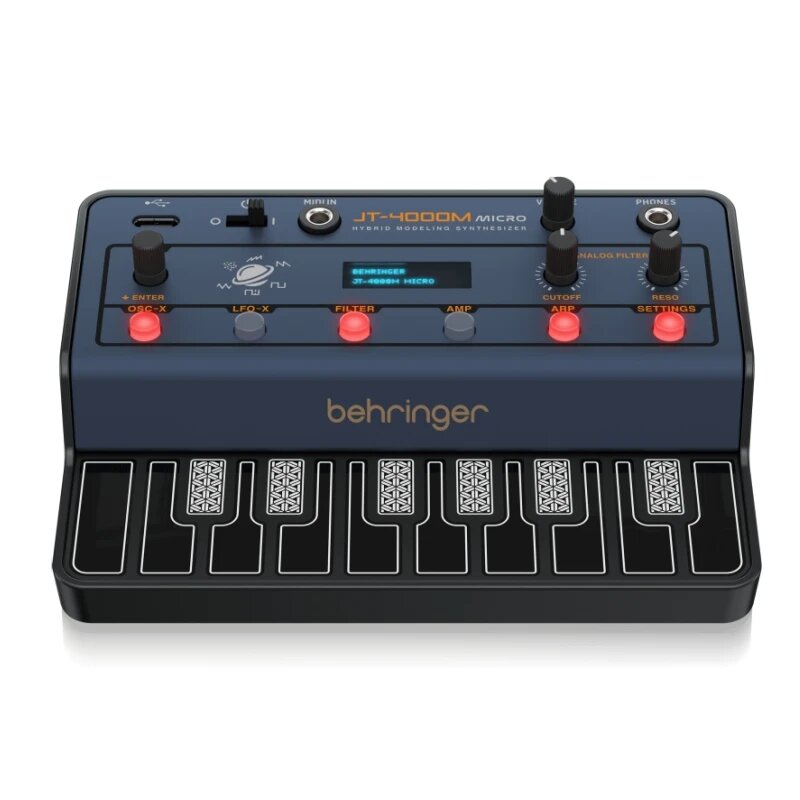 Портативный 4-голосный гибридный синтезатор BEHRINGER JT-4000M MICRO с 2 аналоговыми моделирующими осцилляторами и многорежимным аналоговым фильтром