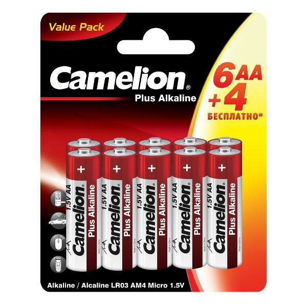Батарейка алкалиновая (щелочная) Camelion LR06-BP6+4 АА