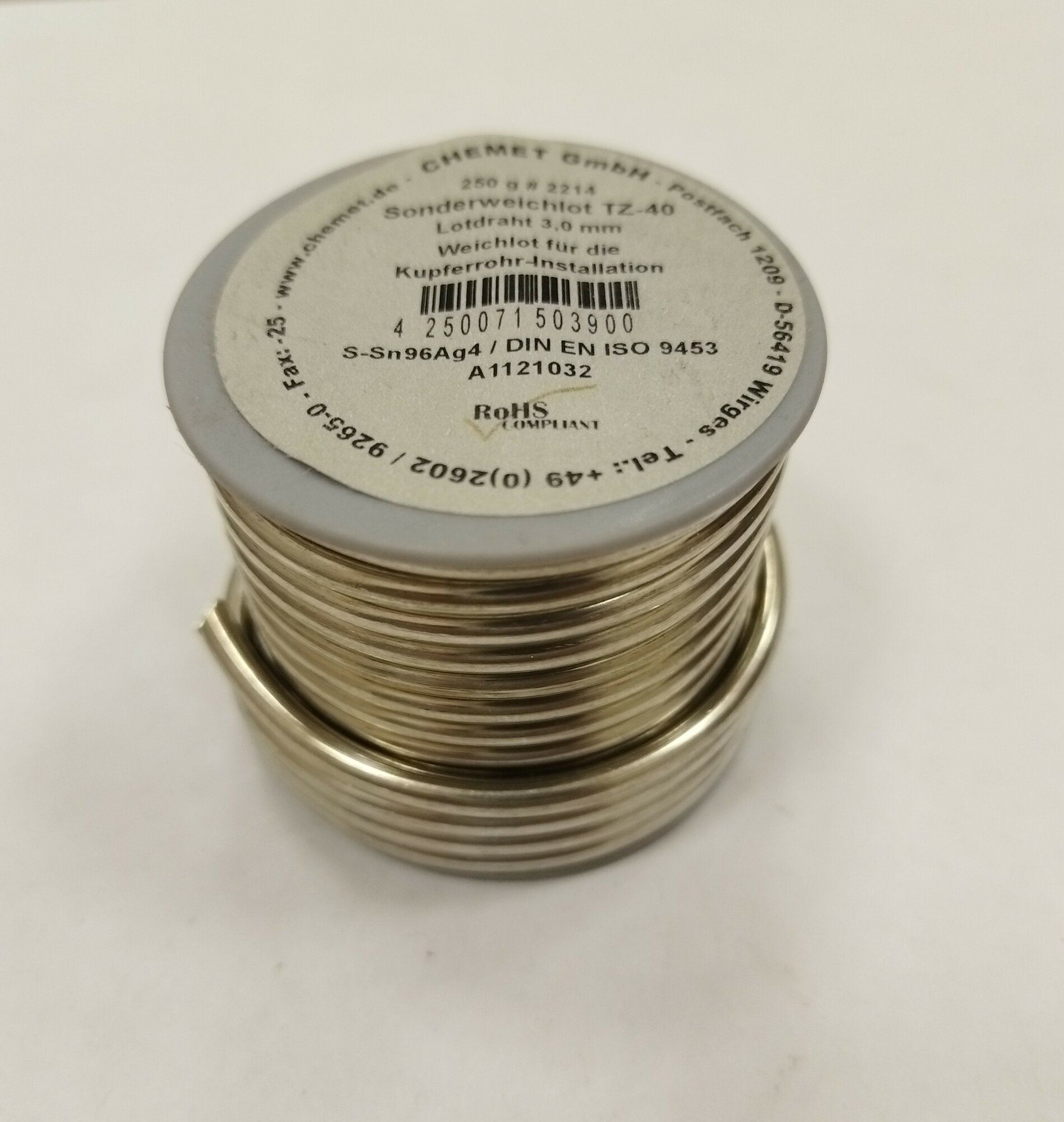 Припой Chemet мягкий A112/TZ-40, диаметр 3 мм, на катушках по 250 г, S-Sn96Ag4
