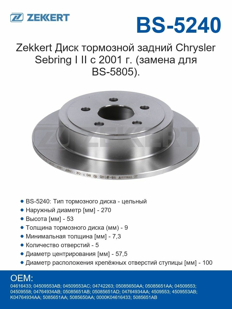 Zekkert Диск тормозной задний Chrysler Sebring I II с 2001 г. (замена для BS-5805).