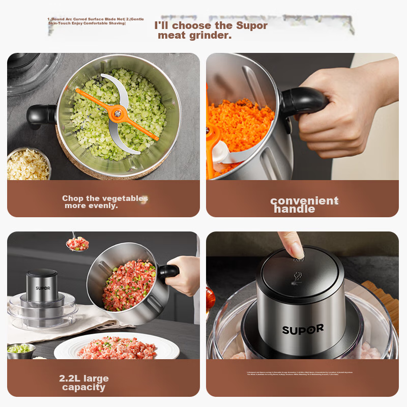 SUPOR Meat Grinder, Mincer, Stainless Steel Multi-Functional Home Meat Mixer 2.2L Electric Vegetable Chopper And Meat Mincer JR56-U