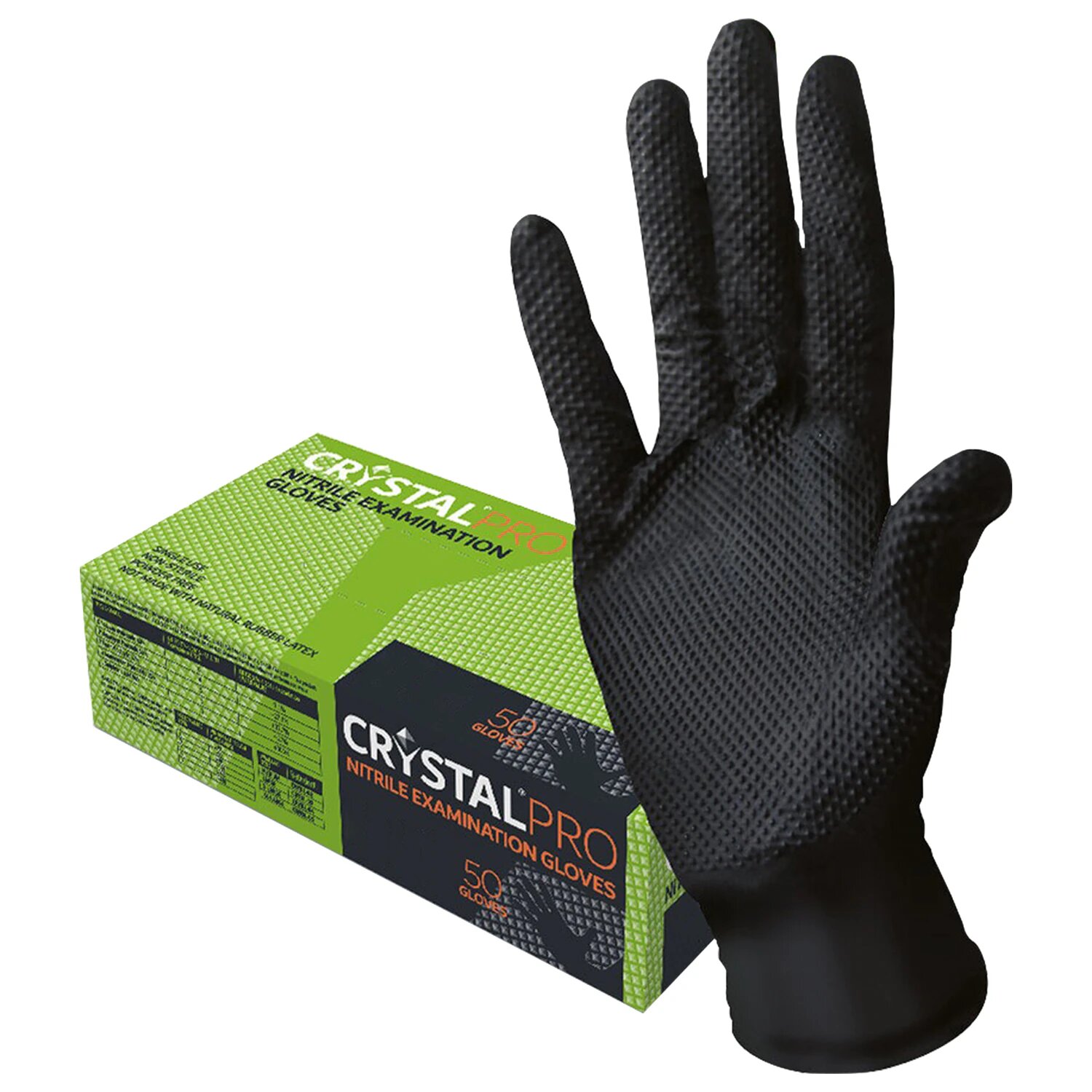 Комплектация 1 шт. Перчатки нитриловые смотровые с текстурой CRYSTAL PRO, 25 пар (50 шт.), размер M (средний), черные