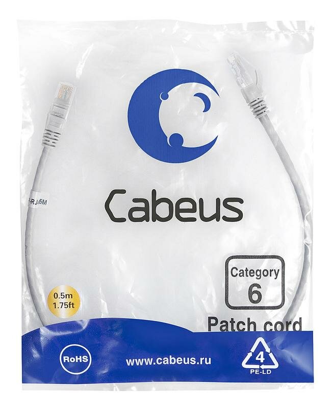 Патч-корд U/UTP кат.6 PC-UTP-RJ45-Cat.6-0.5m 2xRJ45/8p8c неэкранир. PVC 0.5м сер. Cabeus 7266c