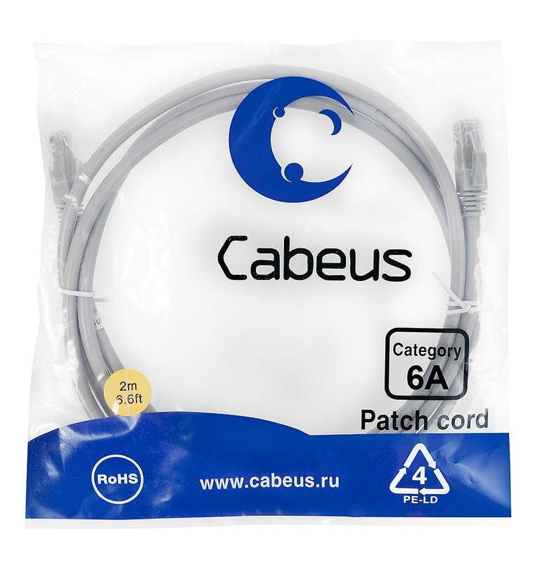 Патч-корд U/UTP кат.6A PC-UTP-RJ45-Cat.6a-2m-LSZH 2xRJ45/8p8c неэкранир. LSZH (10G) 2м сер. Cabeus 7896c