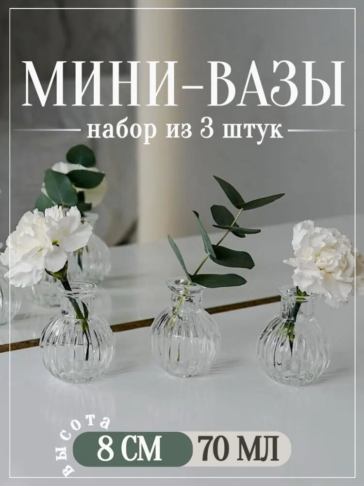 Мини-вазы, набор из 3 штук, высота 8 см, прозрачное стекло, 70 мл
