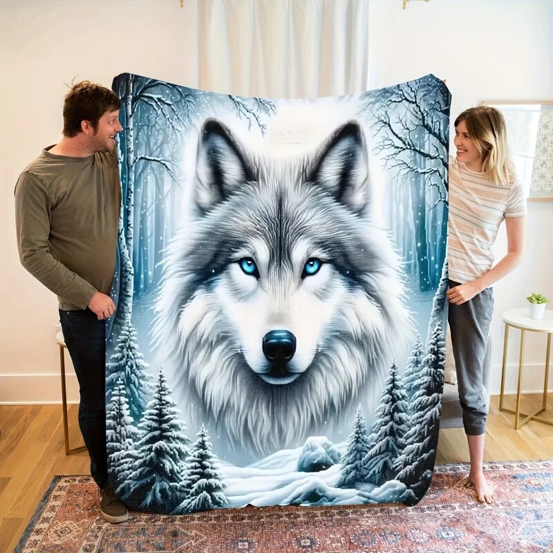 Фланелевый плед «Снежный лес и волк» 140x200cm , 3