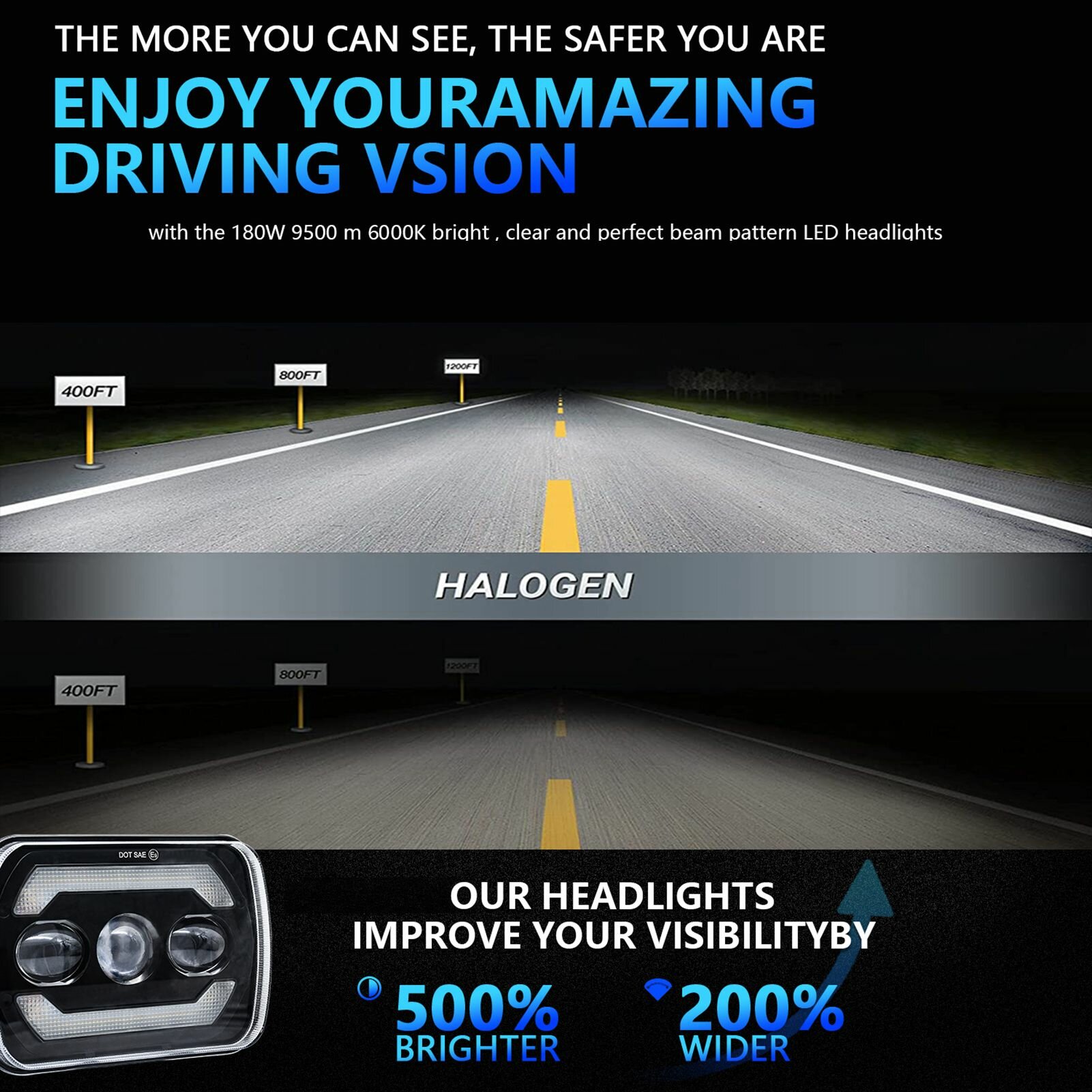 7-дюймовые светодиодные фары 6000K, 180W, IP67, одобренные 7x6 5x7