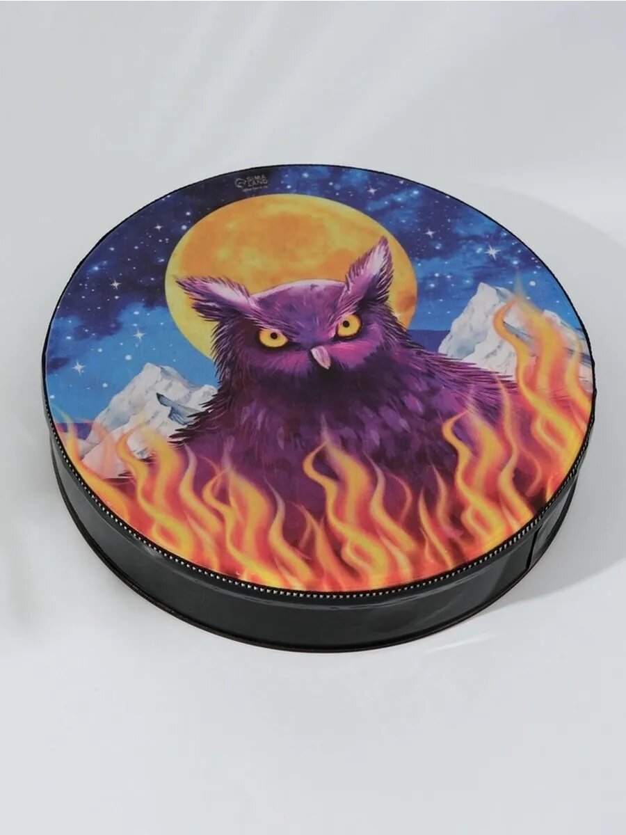 Мистический шаманский бубен с филином и огнем