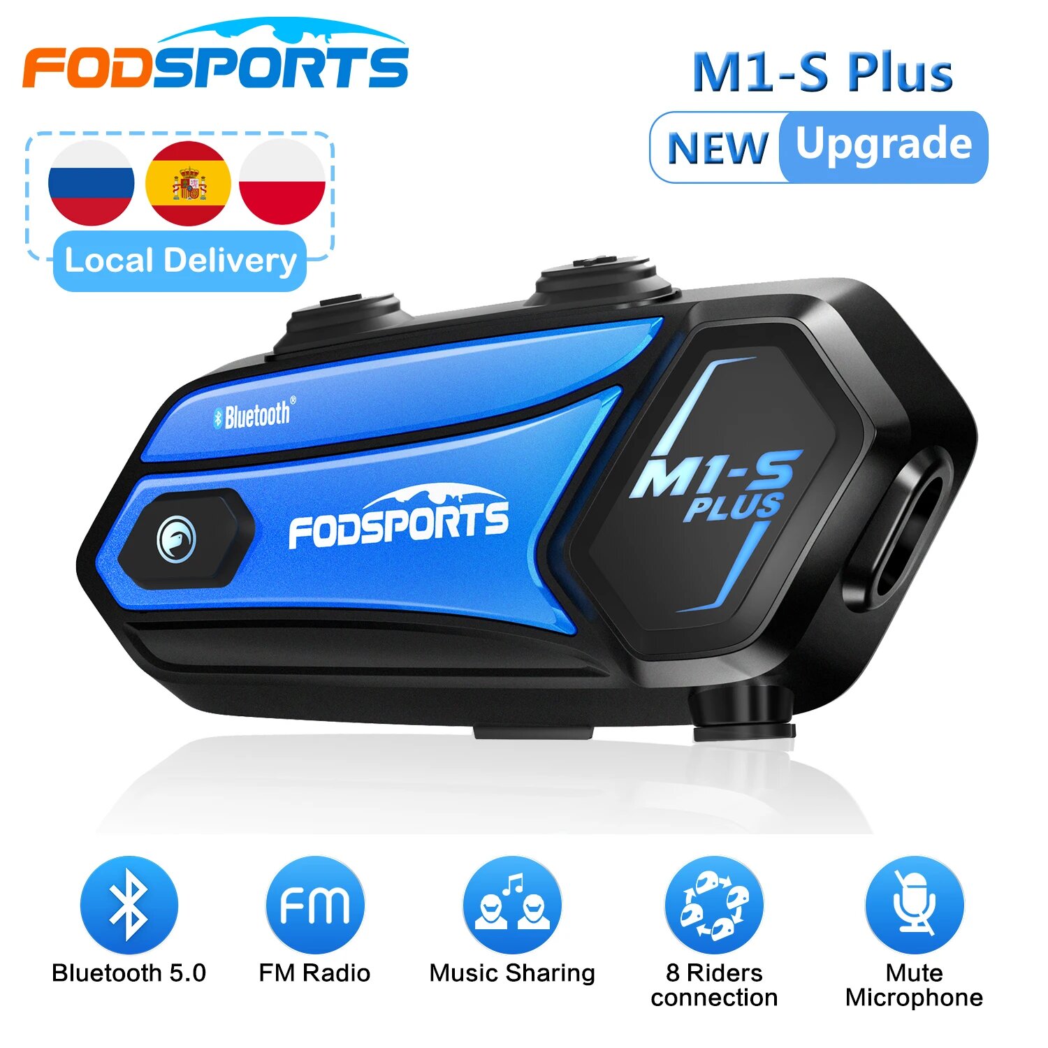 Fodsports M1-S Plus Мотоциклетный домофон Bluetooth-гарнитура для шлема 10-горянщиков Сопряжение Музыкальный домик Intercomunicador Moto Interphone