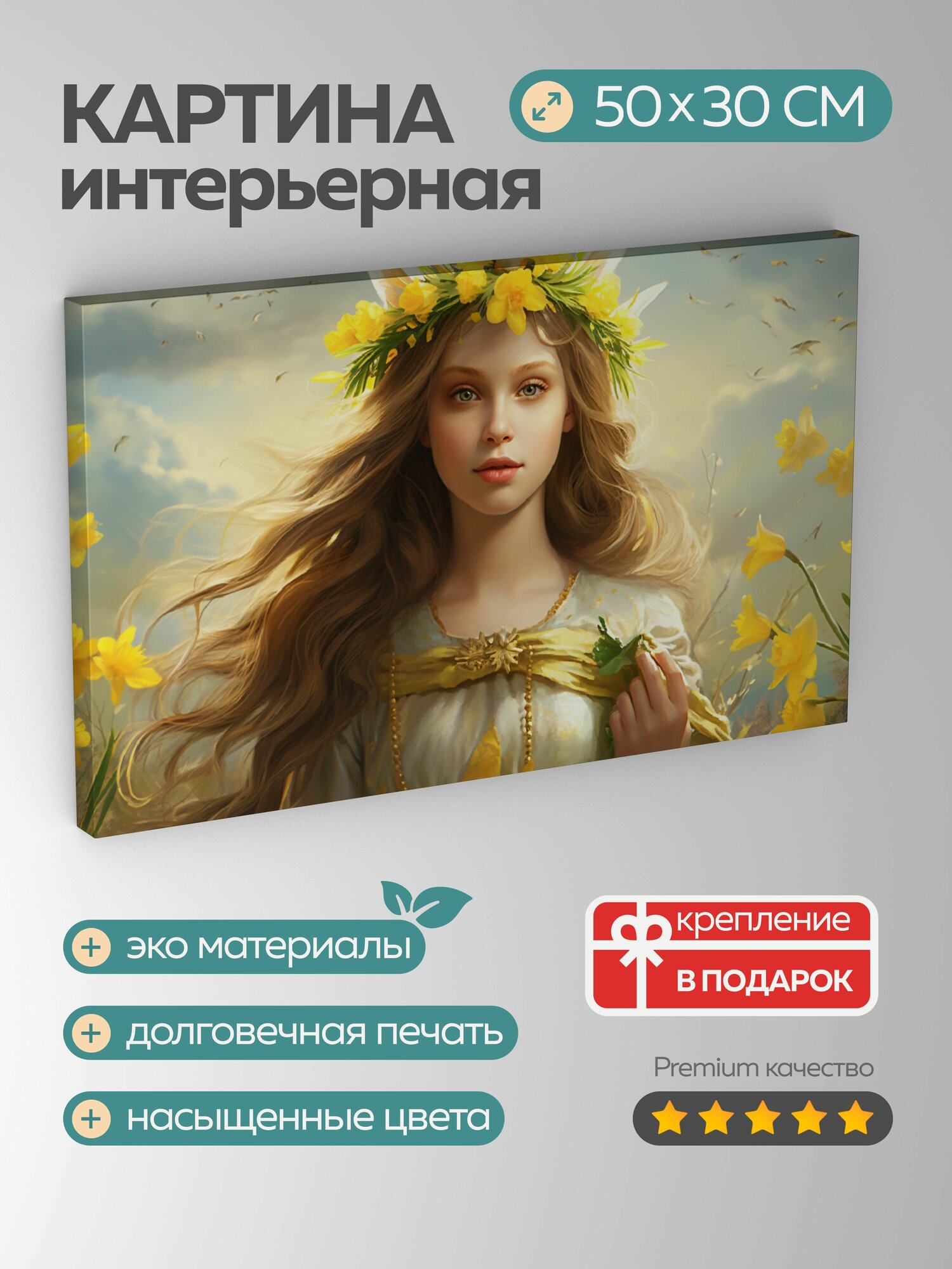 Картина на холсте интерьерная 50х30 см, фотография, молодая девушка, цветочная корона, поле, нарциссы, приход весны