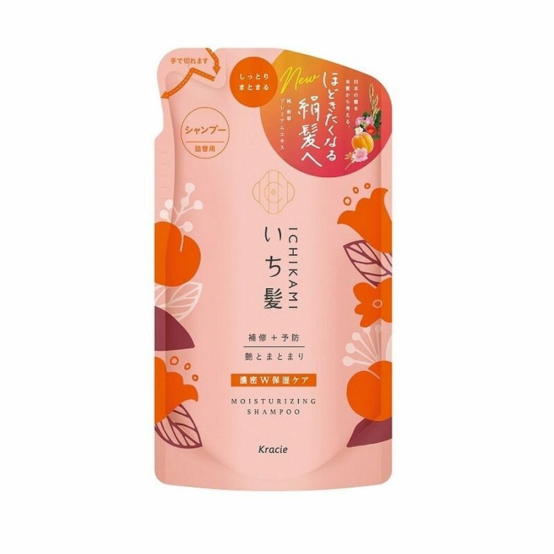 Kracie "Ichikami Double Moisturizing Care Shampoo" Шампунь для интенсивного увлажнения поврежденных волос, аромат абрикоса и вишни, сменная упаковка, 330 мл.