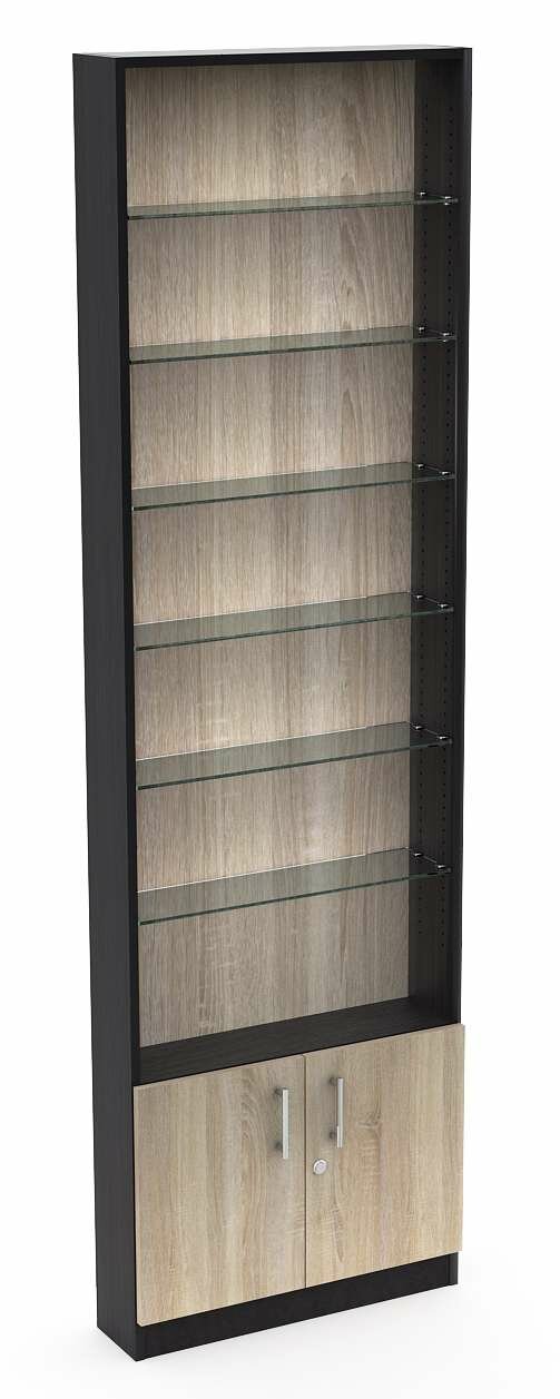 Стеллаж с 6-ю стеклянными полками 150x600 мм серии UP-6 №2 (З/C - ДВП), Орех