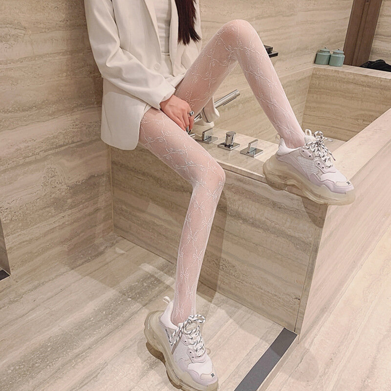 Чулки сетчатые, красные, черные, с бантом, шелковые, в стиле ретро