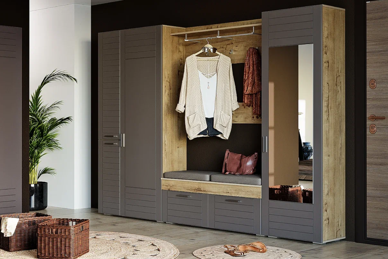 Прихожая Сильва Livorno комплектация 1 (НМ 013.36 ЛР+НМ 013.20-01+НМ 013.35-01+НМ 040.72+НМ 013.16 PZ) Софт графит, дуб бунратти