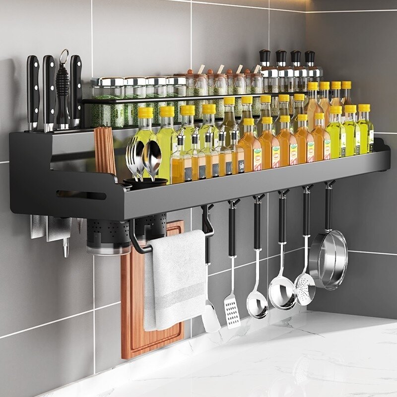 Бесплатная установка кухонной настенной подставки для специй, подставка для специй с держателем ножа, 12 крючков, устойчивая к ржавчине, углеродистая сталь, черная, 50 см