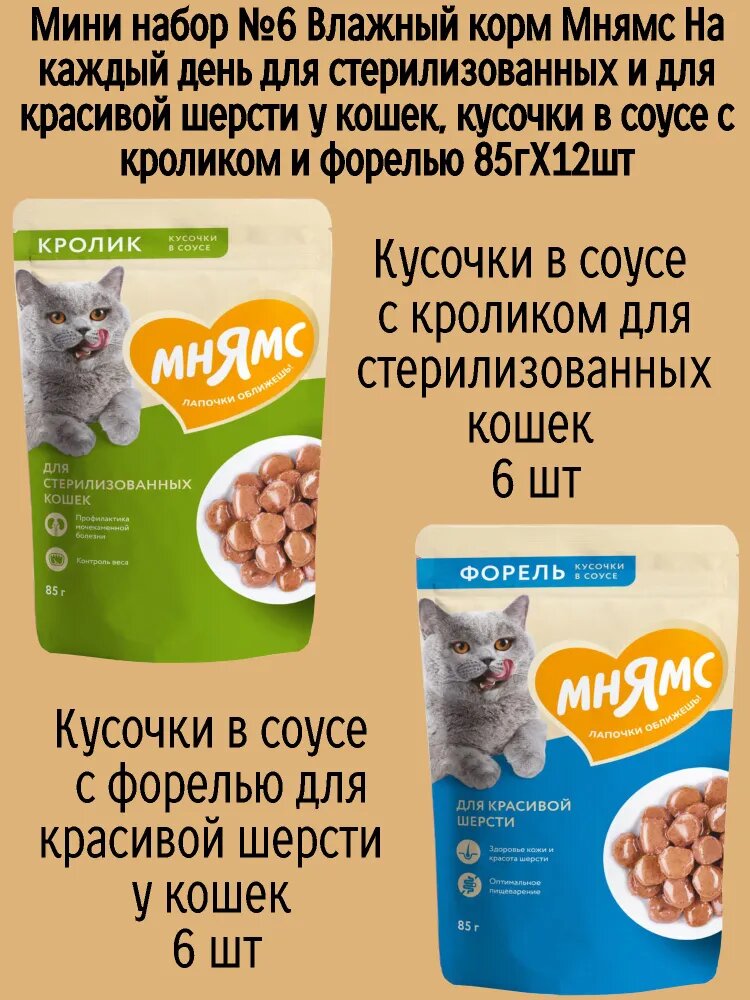 Мини набор №6 Влажный корм Мнямс для стерилизованных кошек, кусочки в соусе с кроликом и форелью, 12 шт х 85 гр
