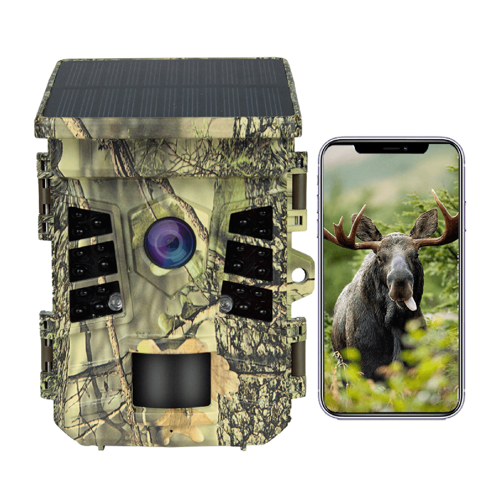 Trail Cam Камера Дикой Природы Солнечная Энергия 4K с Ночным Видением 1080P Водонепроницаемое приложение BT WiFi Охотничьи Камеры с поддержкой WiFi 16MP Сверхдлинное Время автономной работы