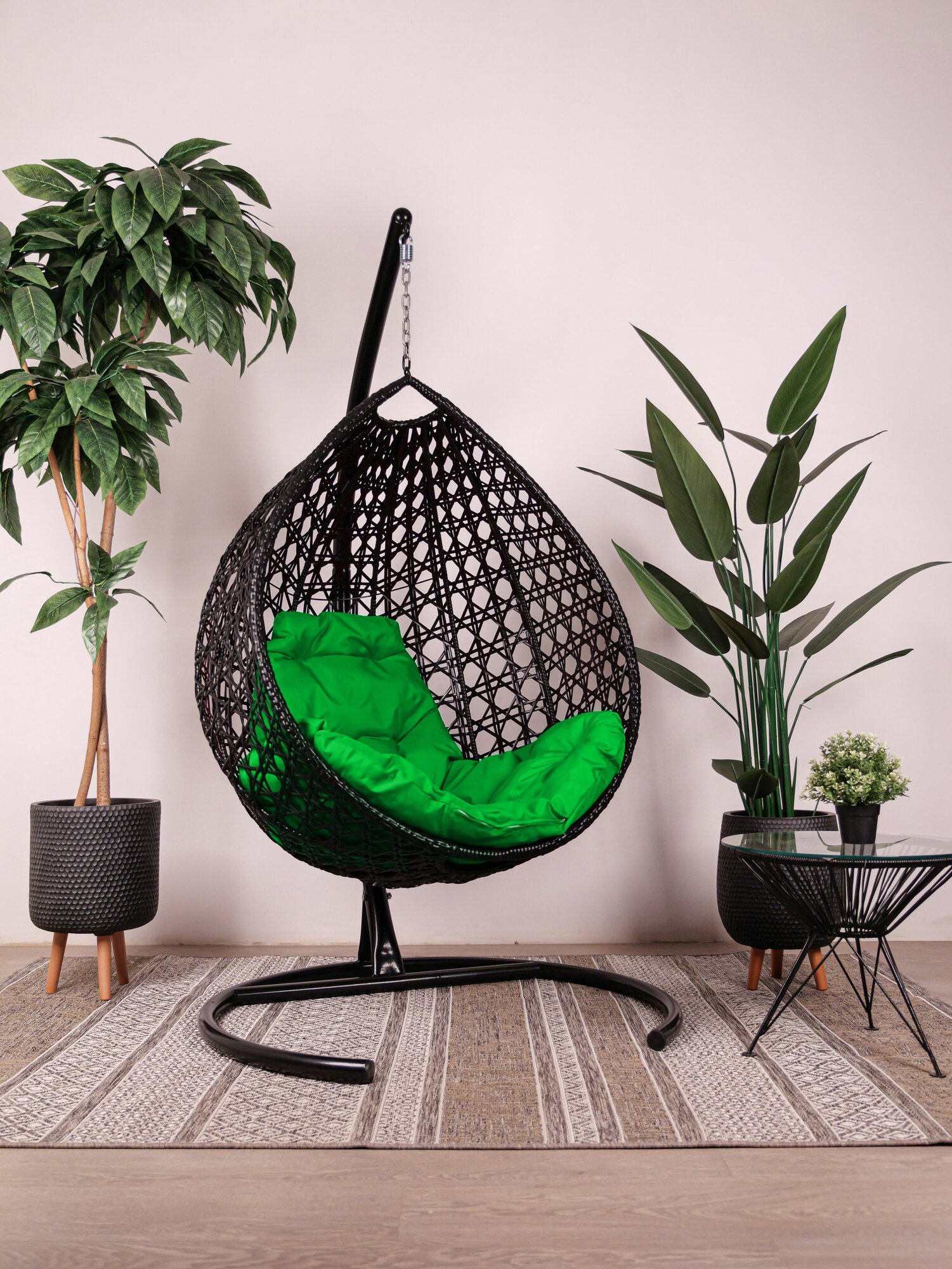 Подвесное кресло капля люкс, с ротангом чёрное, зелёная подушка