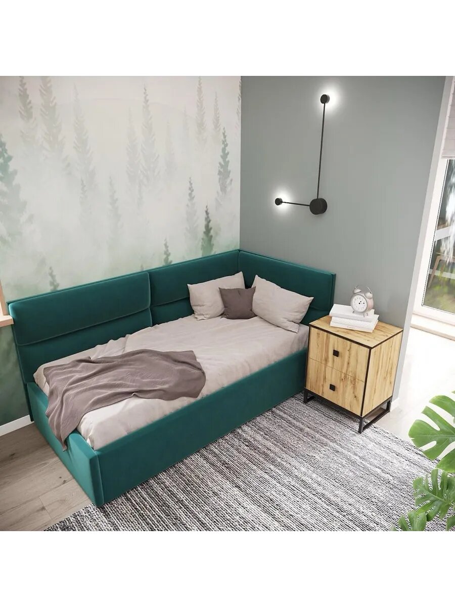 Кровать детская угловая, с подъемным механизмом, зеленая, односпальная, 90x200 см