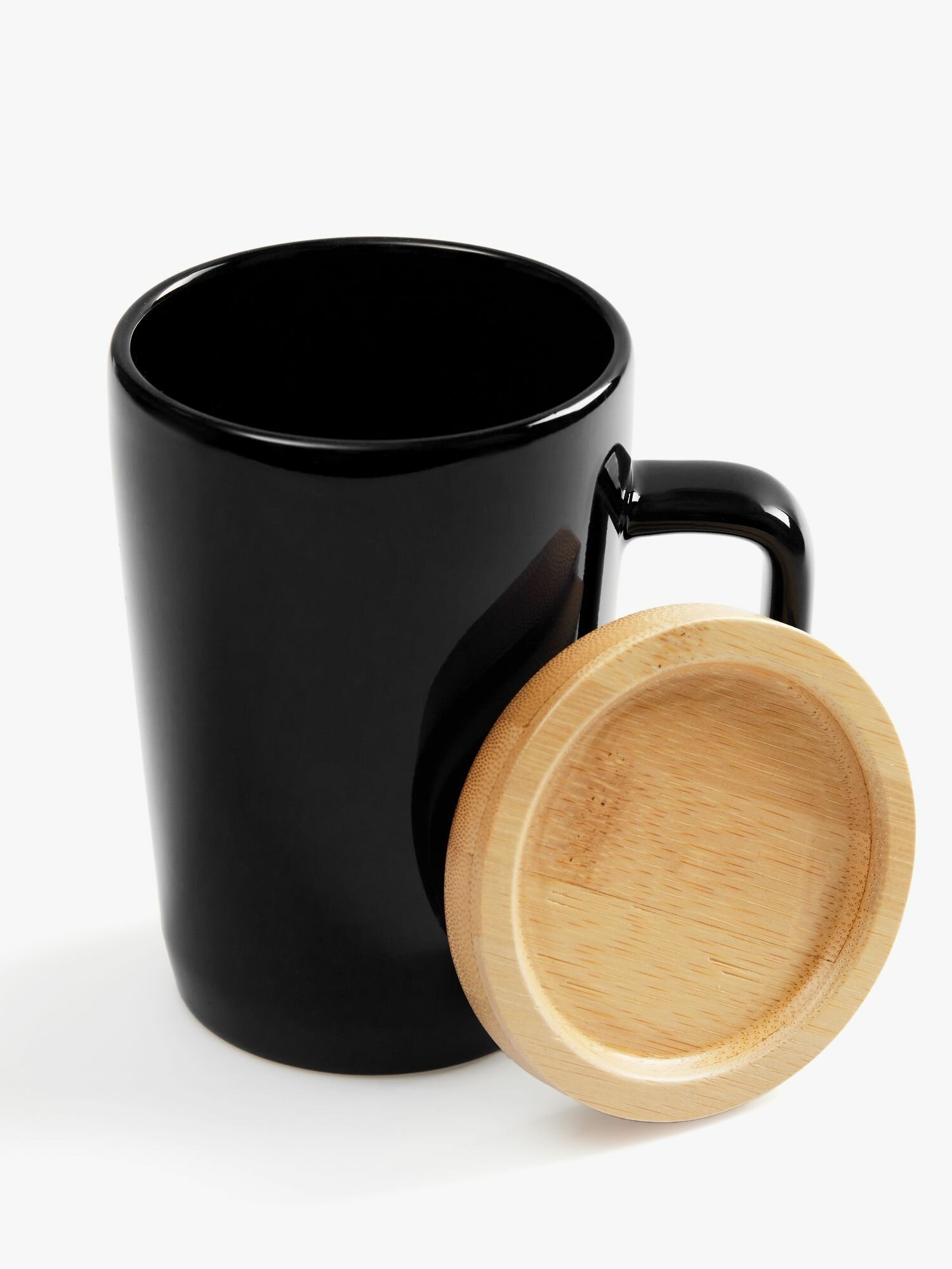 Кружка для чая и кофе с бамбуковой крышкой-подставкой 450 мл, чашка подарочная керамическая глянцевая, molti, Vierra, черная