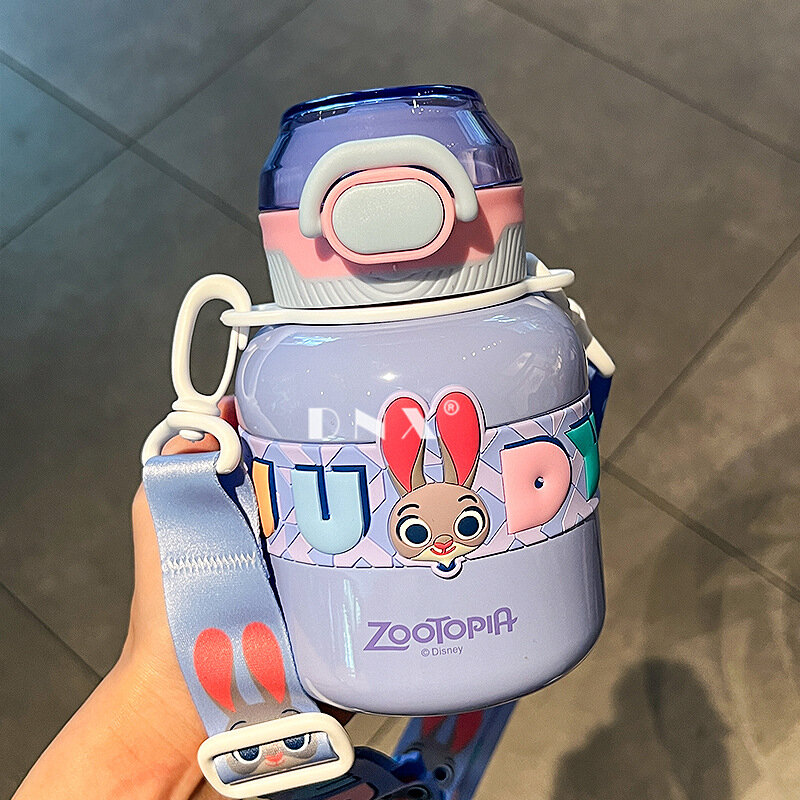 Двойная кружка для питья из нержавеющей стали Stitch, детский школьный термос с ремешком, для мальчиков и девочек, мультяшная термокружка с соломенной чашкой