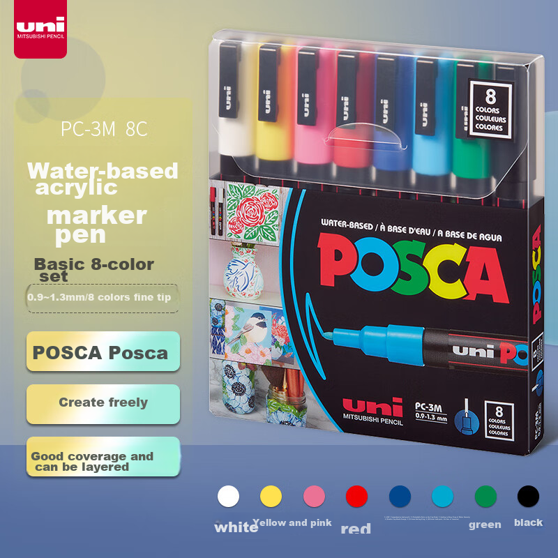 Mitsubishi (uni) POSCA Series Paint Marker Pen (Fine Point) Colorful Poster Advertising Marker Pen Office Drawing Hand-Painted Graffiti Pen PC-3M 8 Colors Set