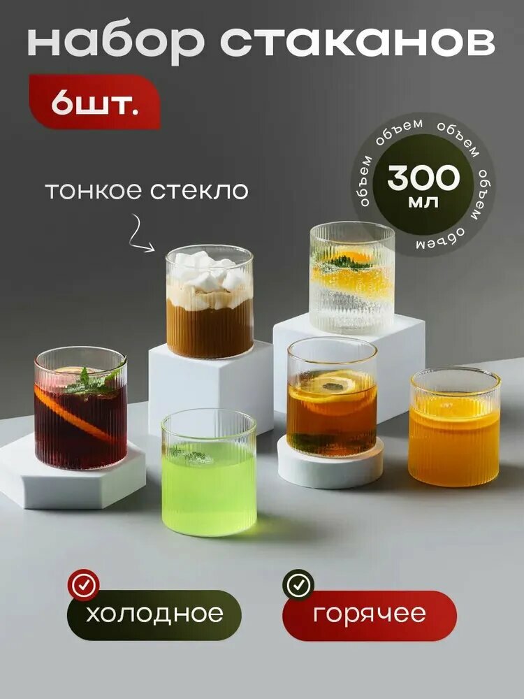Набор стаканов GEO HOME, боросиликатное стекло, 6 штук, 300мл