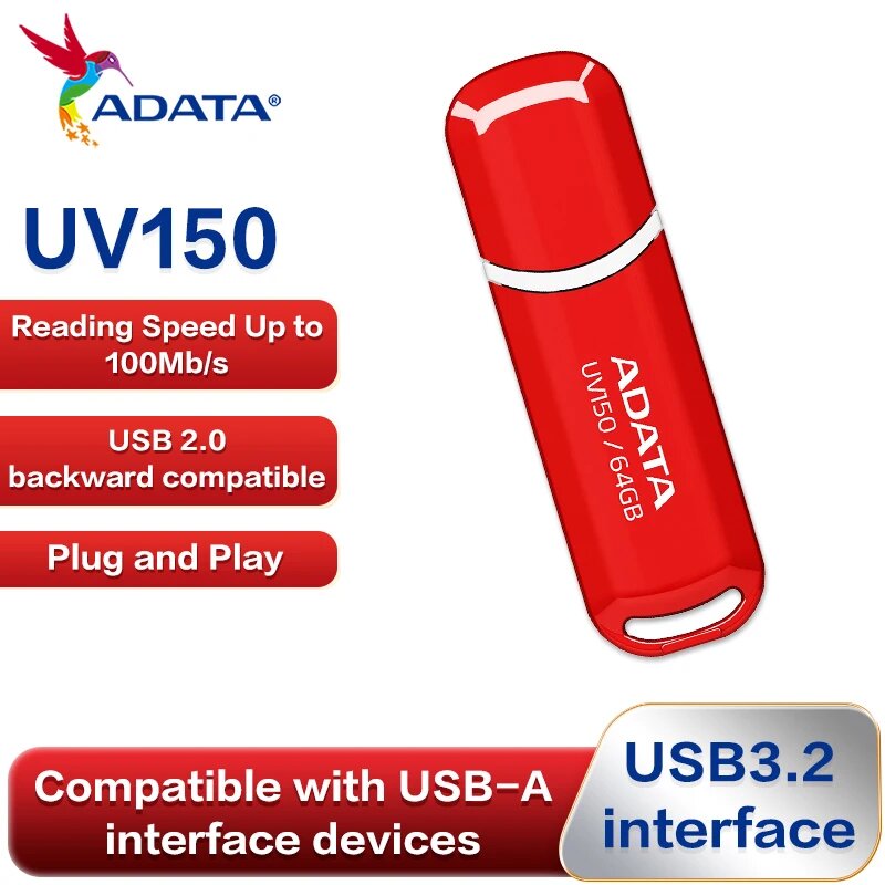 Оригинальный ADATA UV150 USB флэш-накопитель 64 ГБ 32 ГБ высокоскоростной USB 3.2 флэш-накопитель красный флэш-накопитель для компьютера U диск