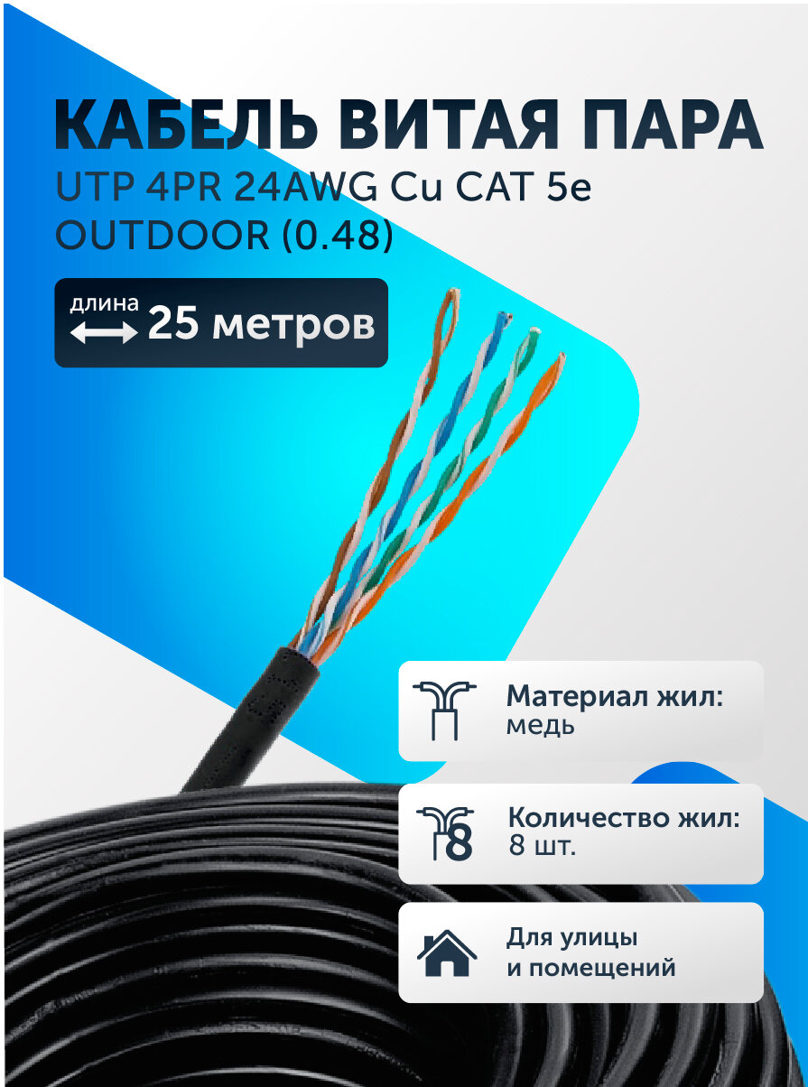 Витая пара кабель уличный U/UTP 4 пары 8 жил 24 AWG PE Cu CAT 5e (0.48) Медь UTP интернет кабель сетевой 25 метров